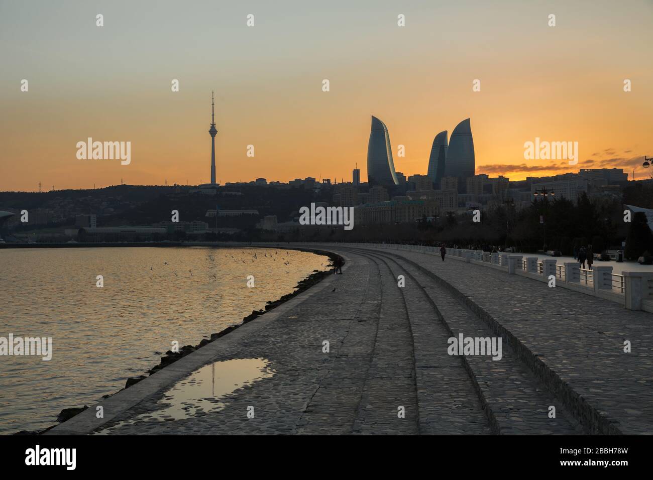 Night view of Baku and the seaside of the Caspian sea. Sunset in Baku ...