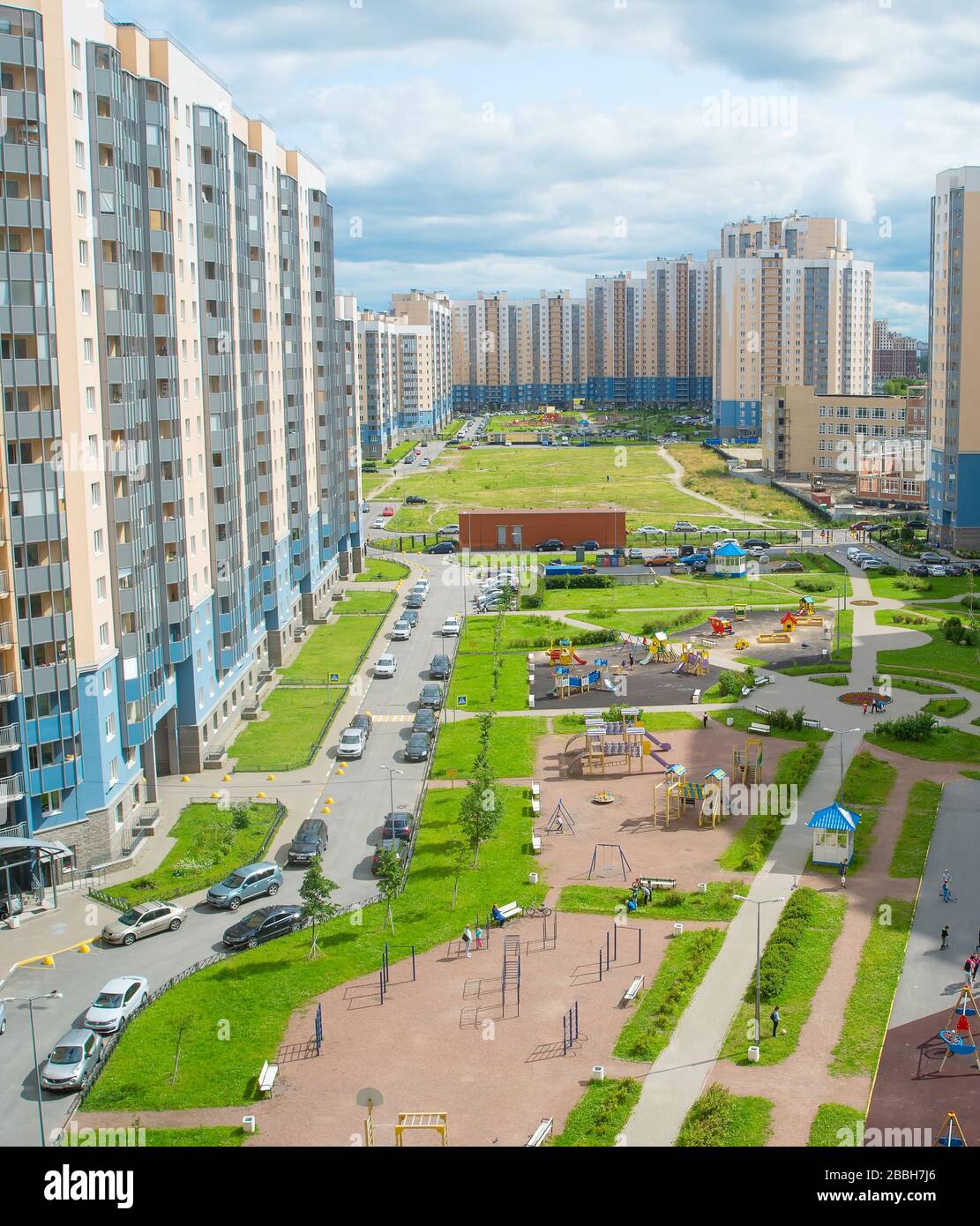 Inner yard among modern apartment buildings in residential district of ...