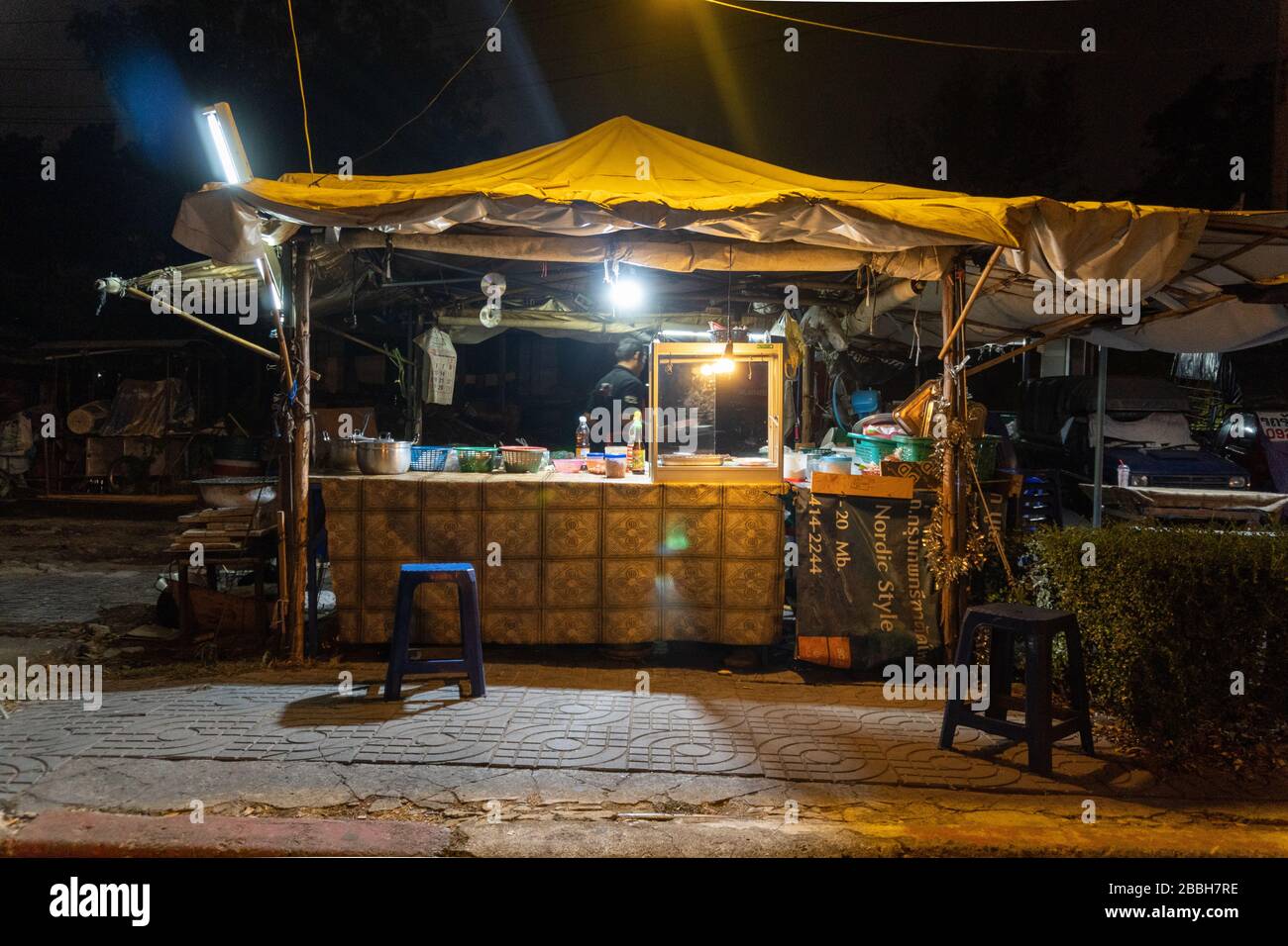 Very old stall with Thai street food in the night on city street Stock ...