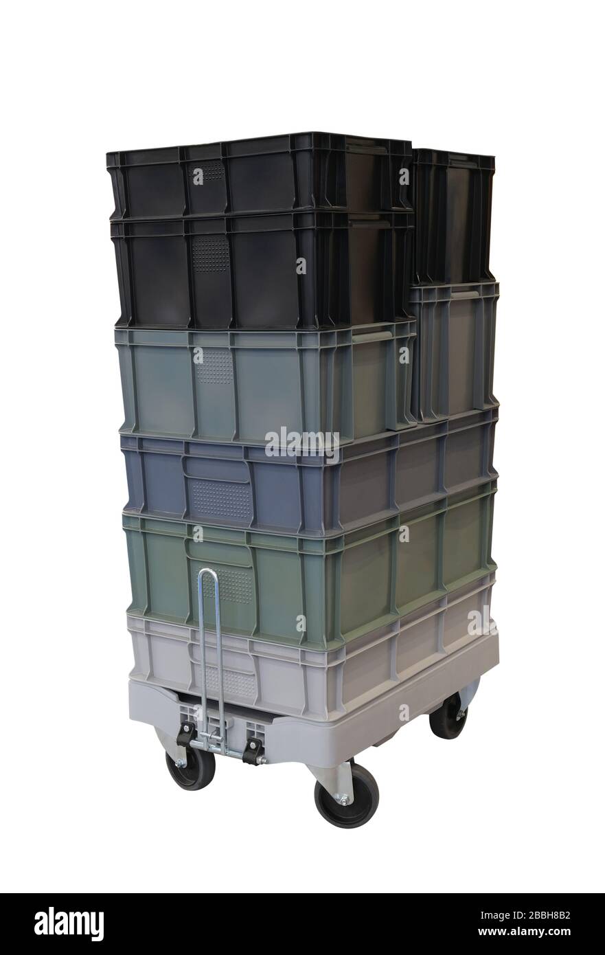 plastic boxes stacked one upon the other on warehouse trolley or ...