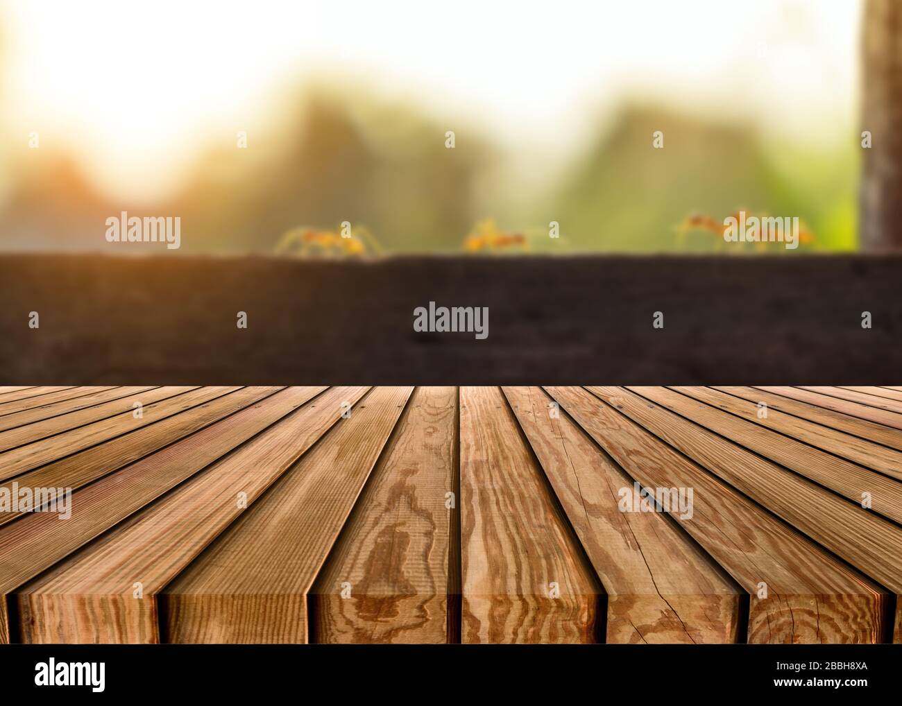 Brown wooden striped tabletop on blurred ant walking on timber in ...