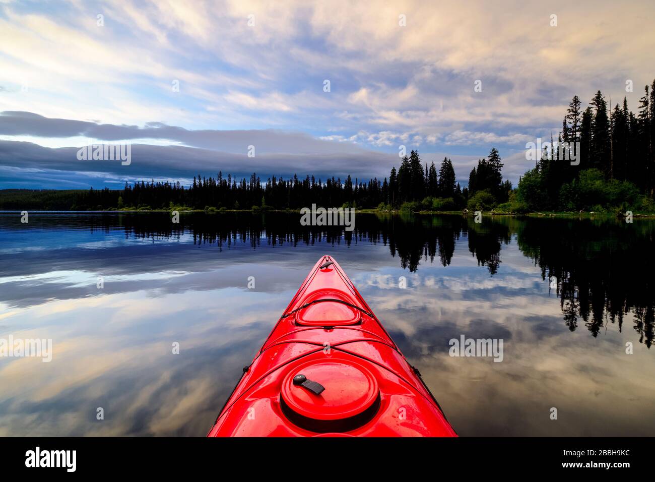 Kayaker with red kayak on beaver lake at sunrise hi-res stock ...