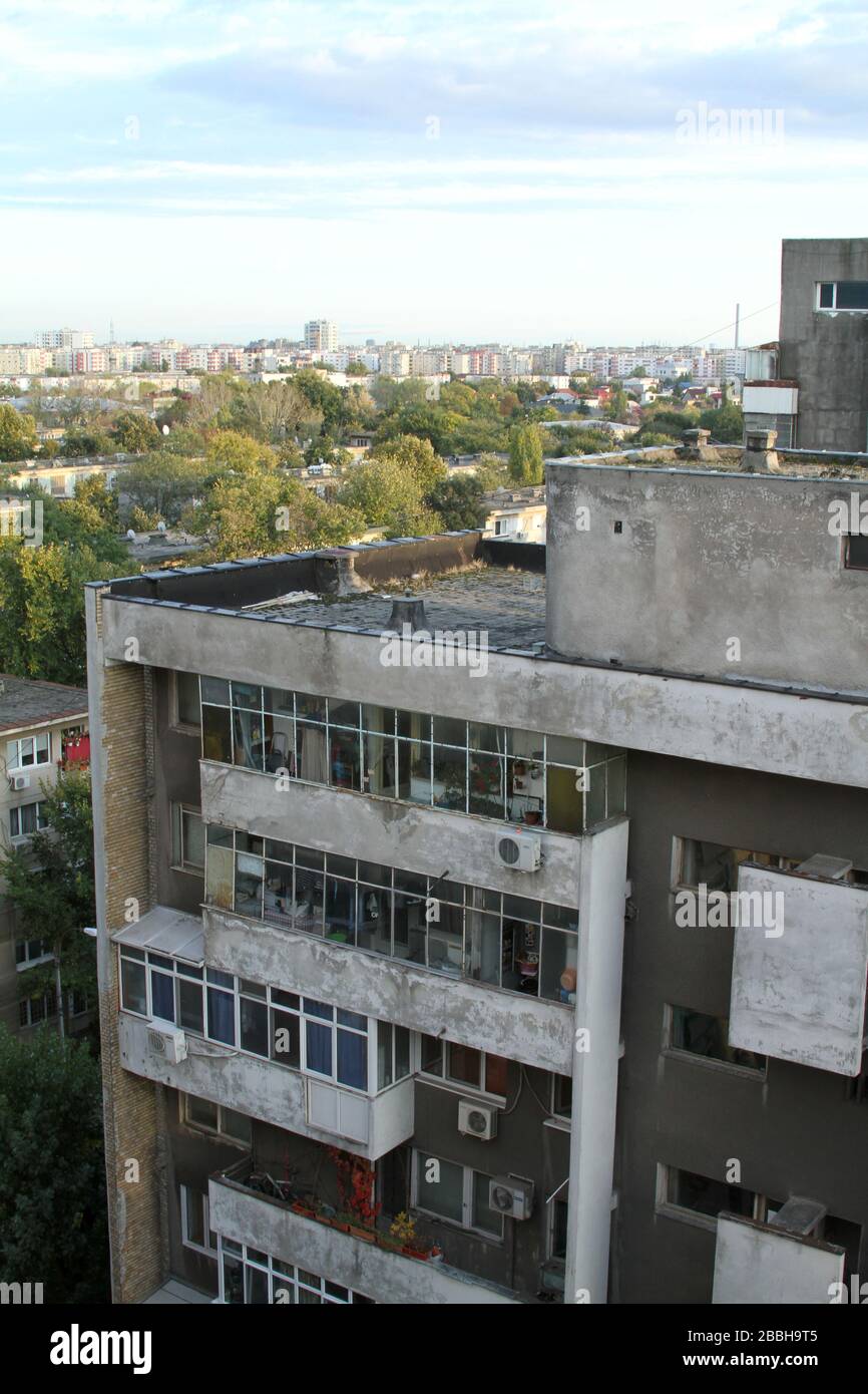 Exterior view of Communist era apartment buildings in Bucharest ...