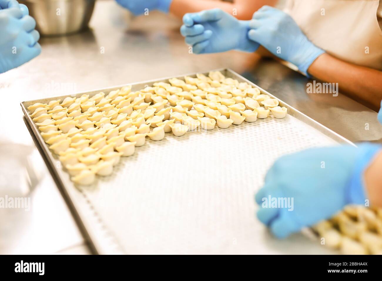 Dumplings manufacturing process. Hands of employers in blue rubber ...