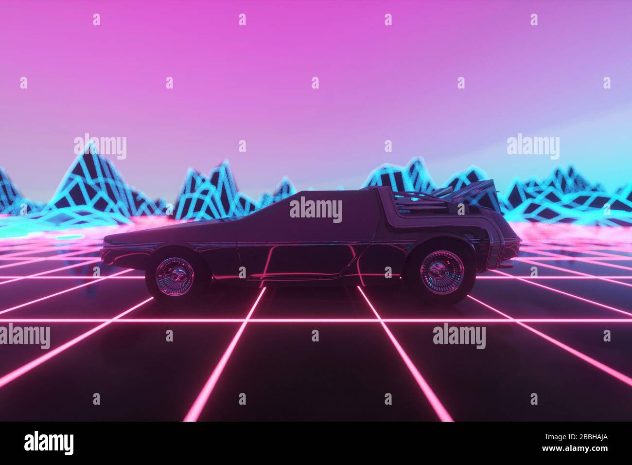 Retro future. 80s style sci-fi background with supercar. Futuristic retro car. 3d rendering ...