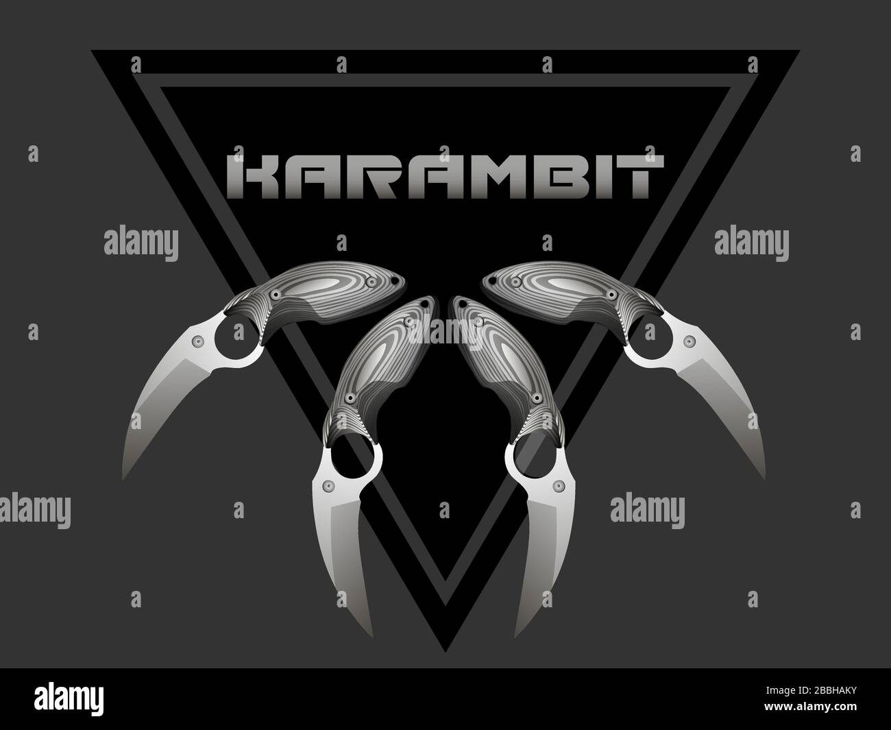 four realistic grey karambits with wooden handle in the black triangle ...