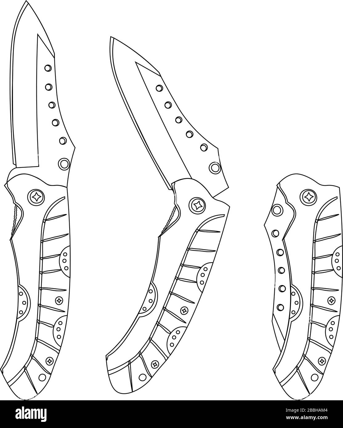 Black contour sketch illustration of three folding pocket knives in ...