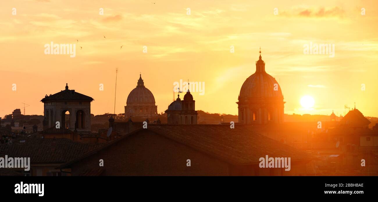 Rome rooftop view at sunset panorama with ancient architecture in Italy ...