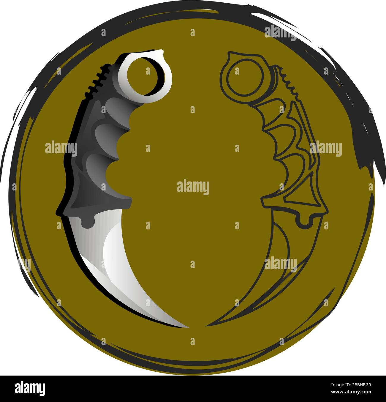 Icon with contour and realistic karambits in mustard circle with grunge ...