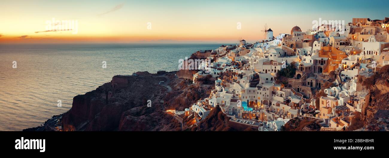 Santorini skyline sunset with buildings in Greece Stock Photo - Alamy