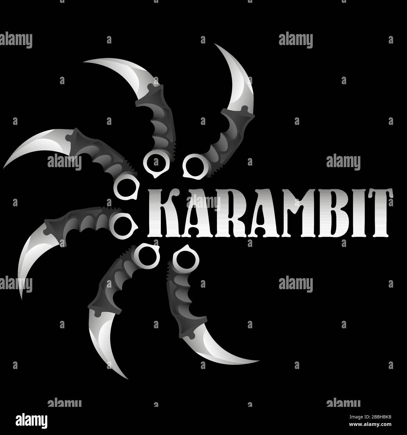 Six realistic karambits around the word 'karambit' on black background ...