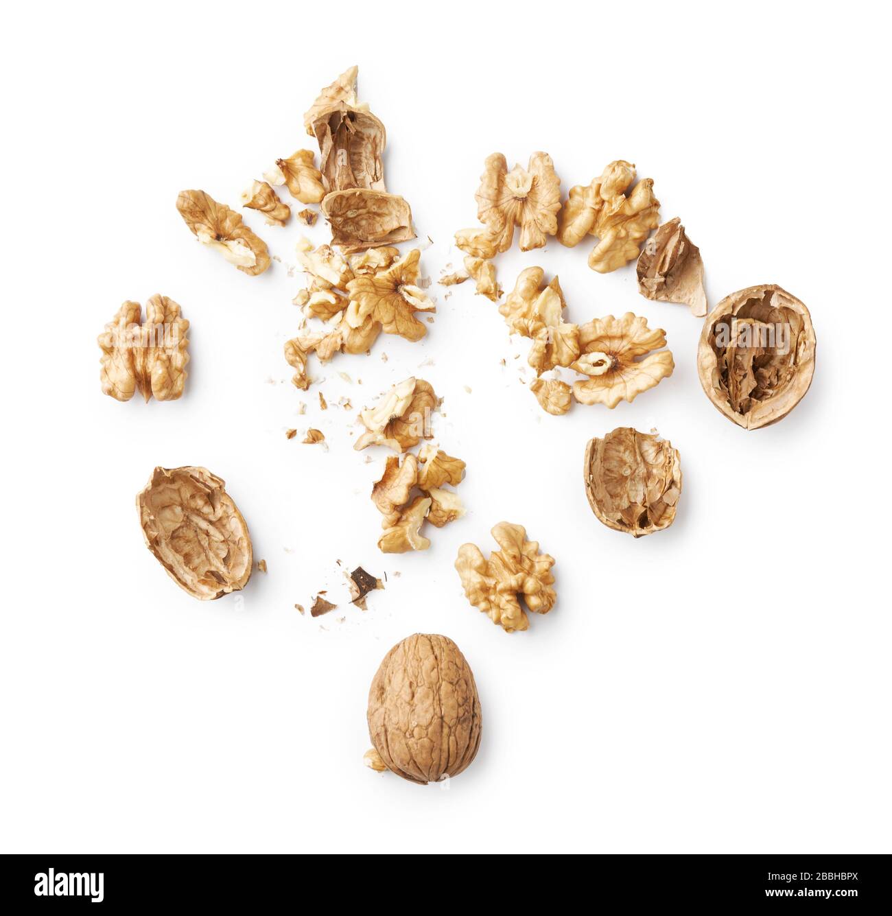 Walnut with nut shells isolated on white background. Top view of walnut ...