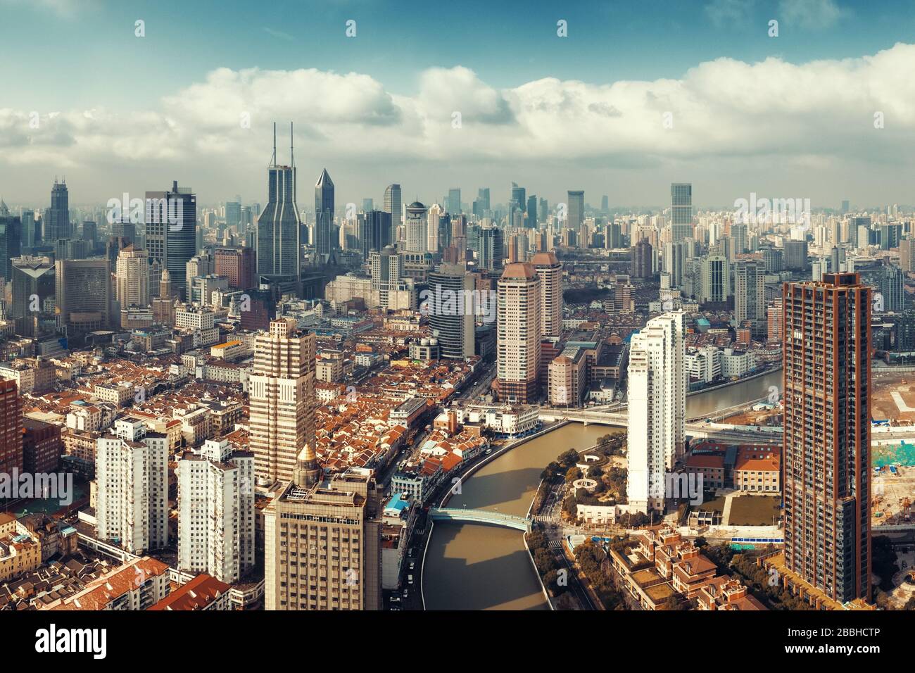 Shanghai aerial view from above with Suzhou Creek city skyline and ...