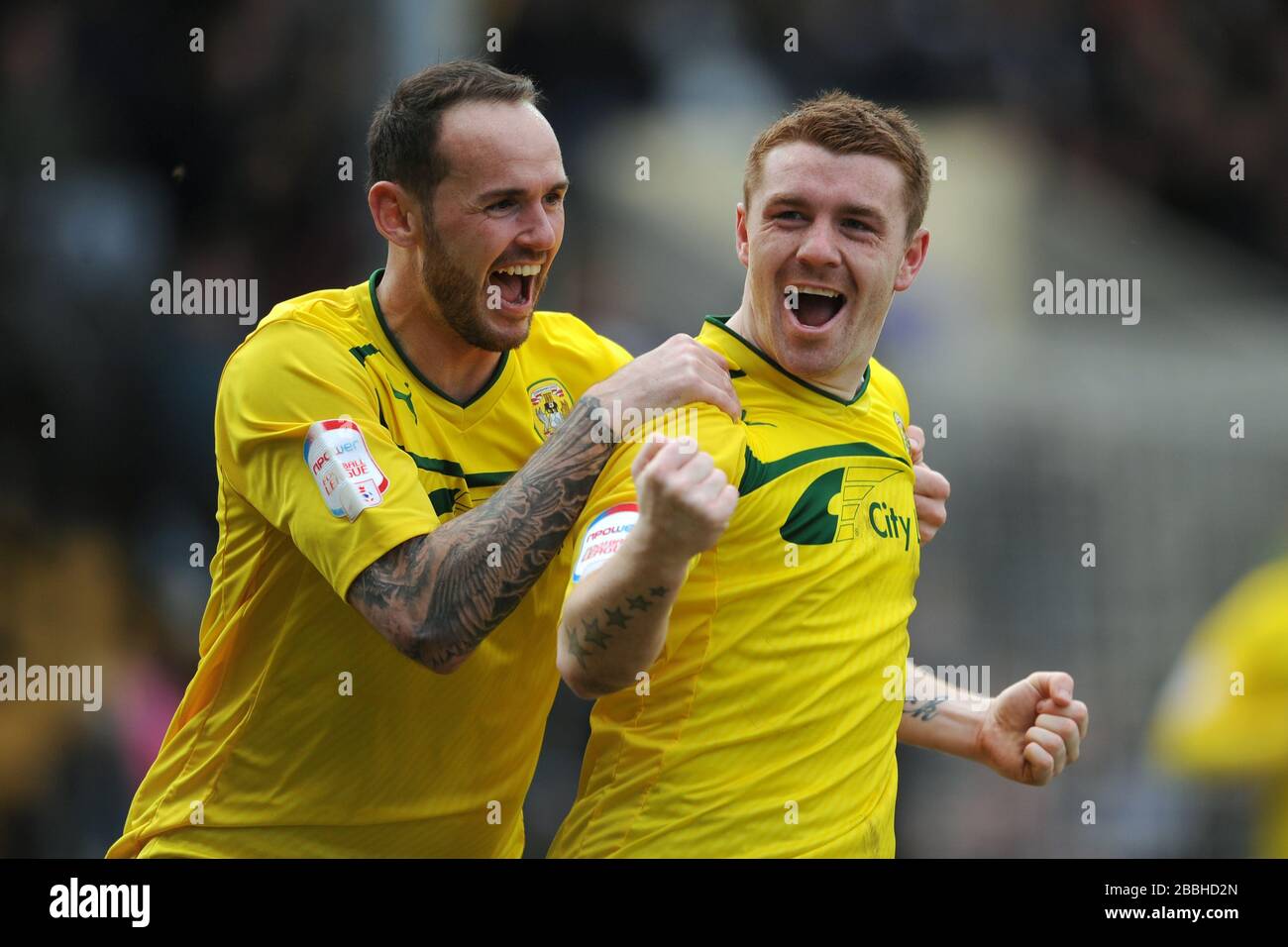 Coventry City's John Fleck celebrates his goal with David Bell (left ...