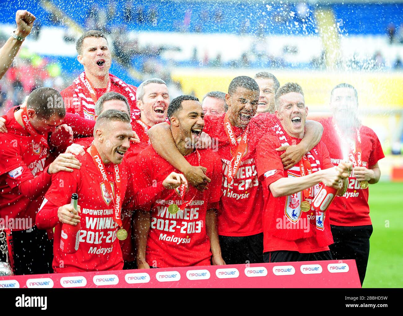 Cardiff City players celebrate winning promotion to the Premier League ...
