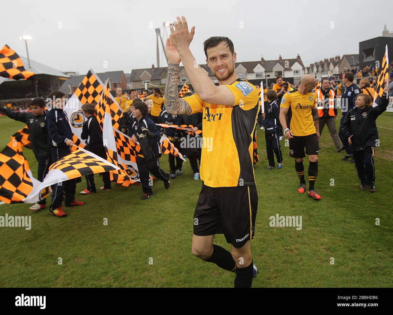 Newport AFC's Byron Anthony celebrates the win against Grimsby Town ...