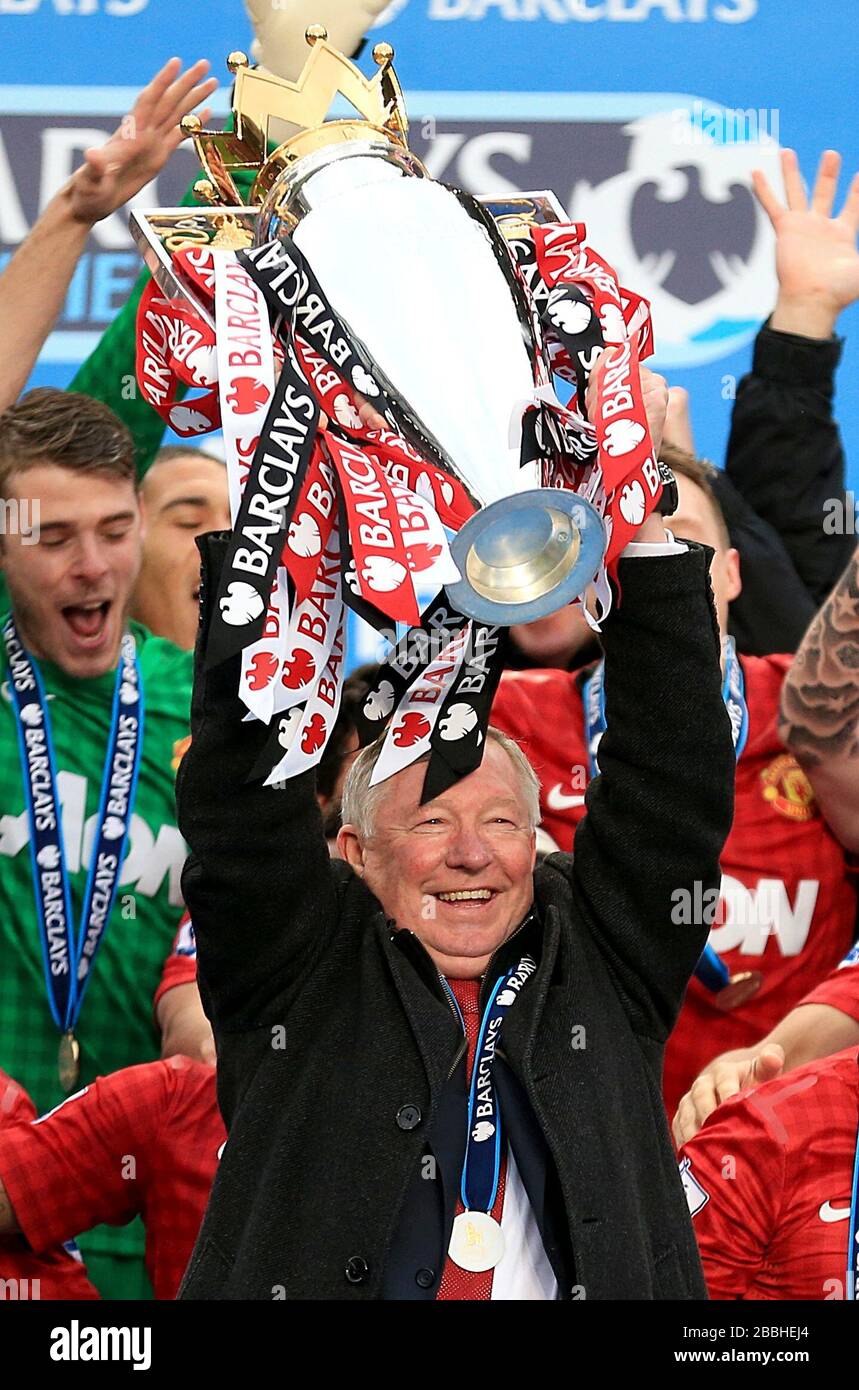 Manchester United manager Sir Alex Ferguson lifts the Barclays Premier ...