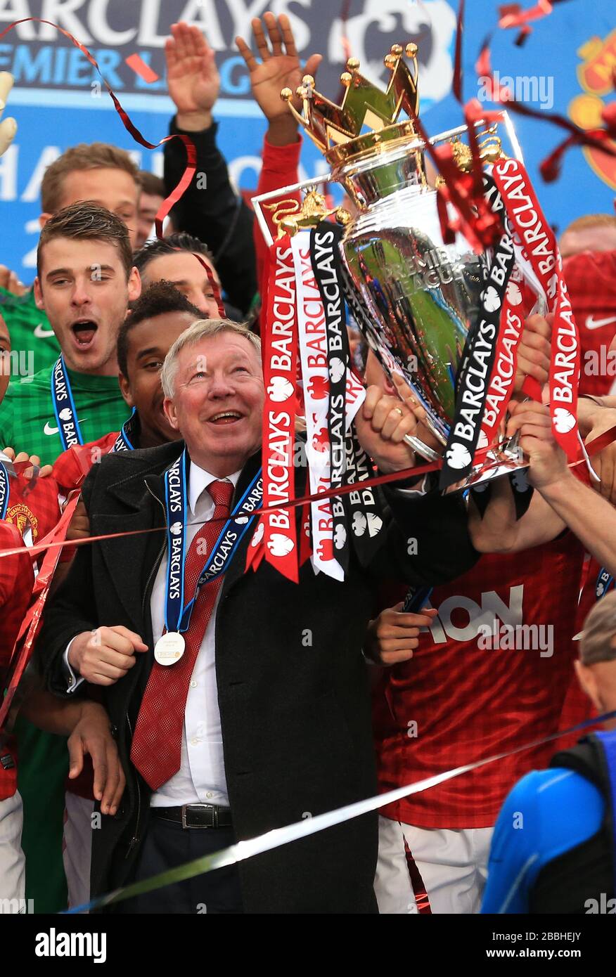 Manchester United manager Sir Alex Ferguson lifts the Barclays Premier ...