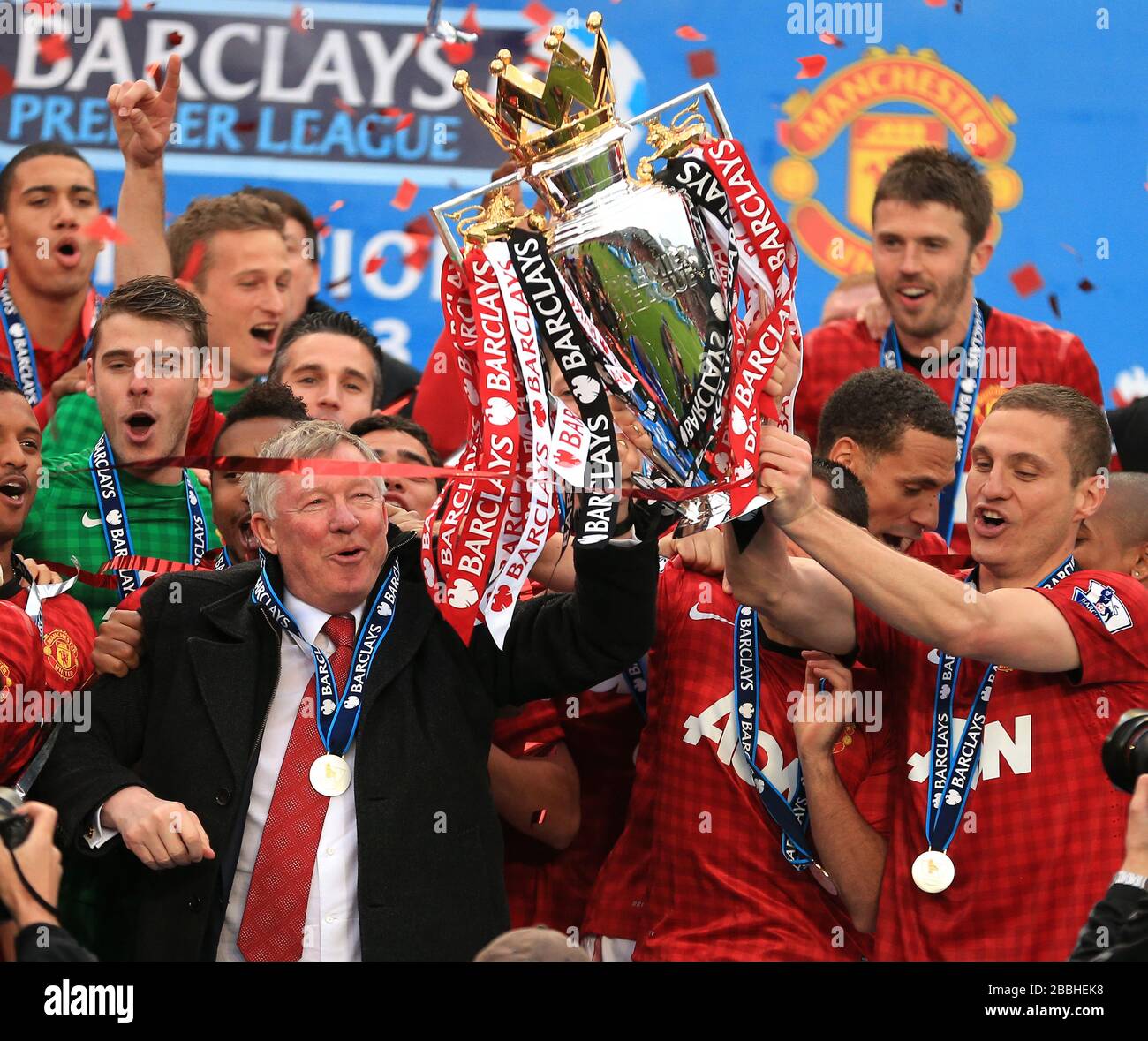 Manchester United manager Sir Alex Ferguson lifts the Barclays Premier ...