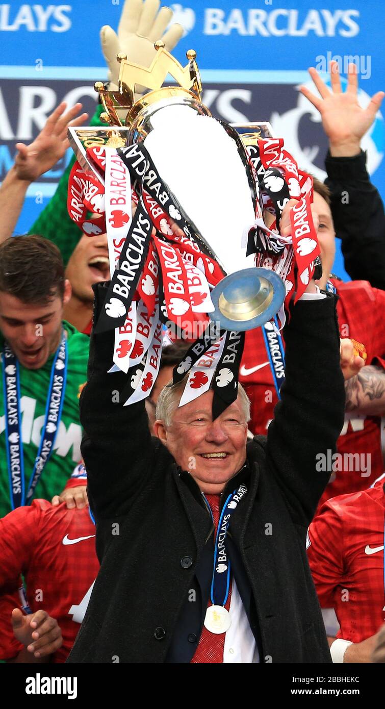 Manchester United manager Sir Alex Ferguson lifts the Barclays Premier ...