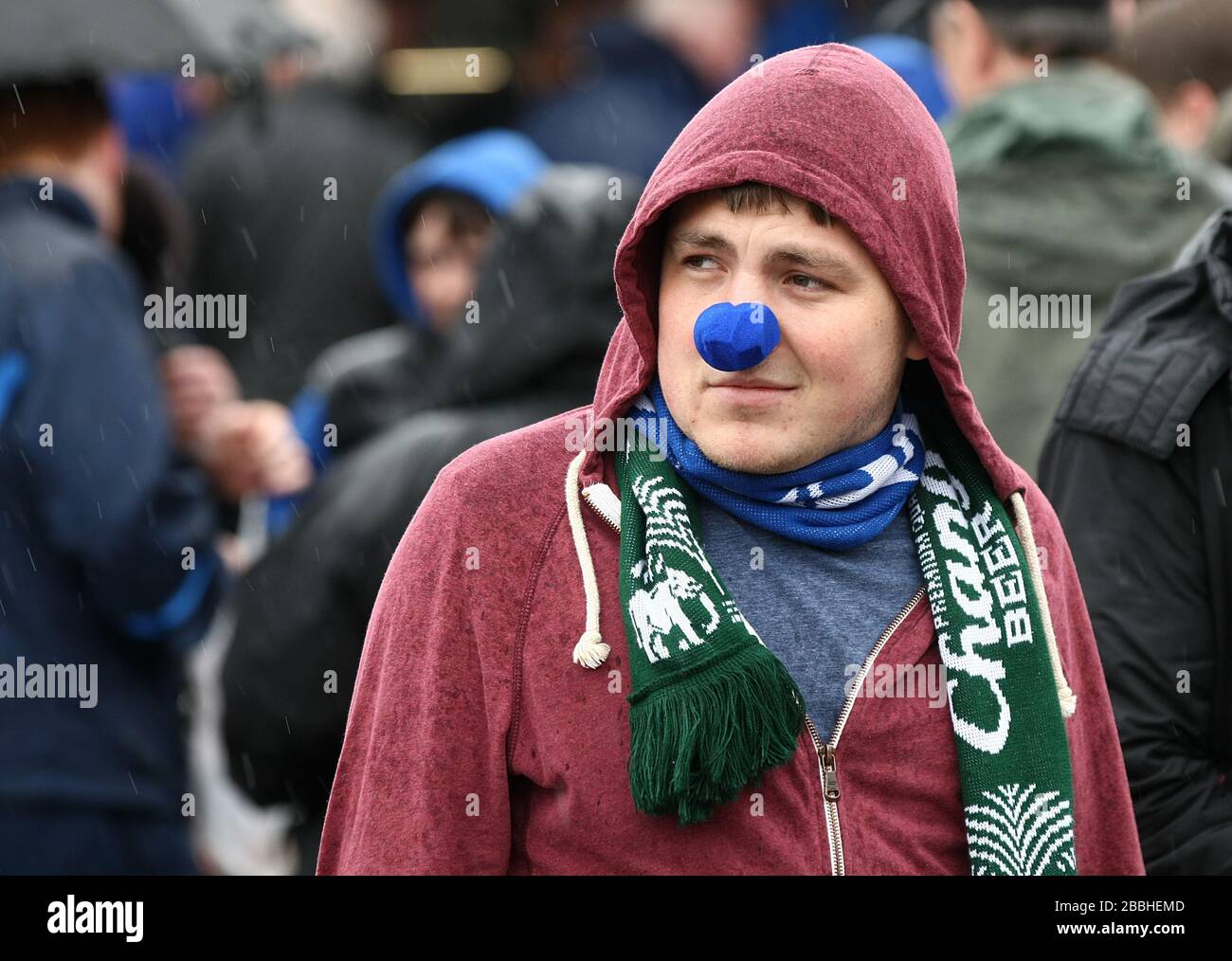 A Everton fan wearing a blue nose outside Goodison Park before the ...