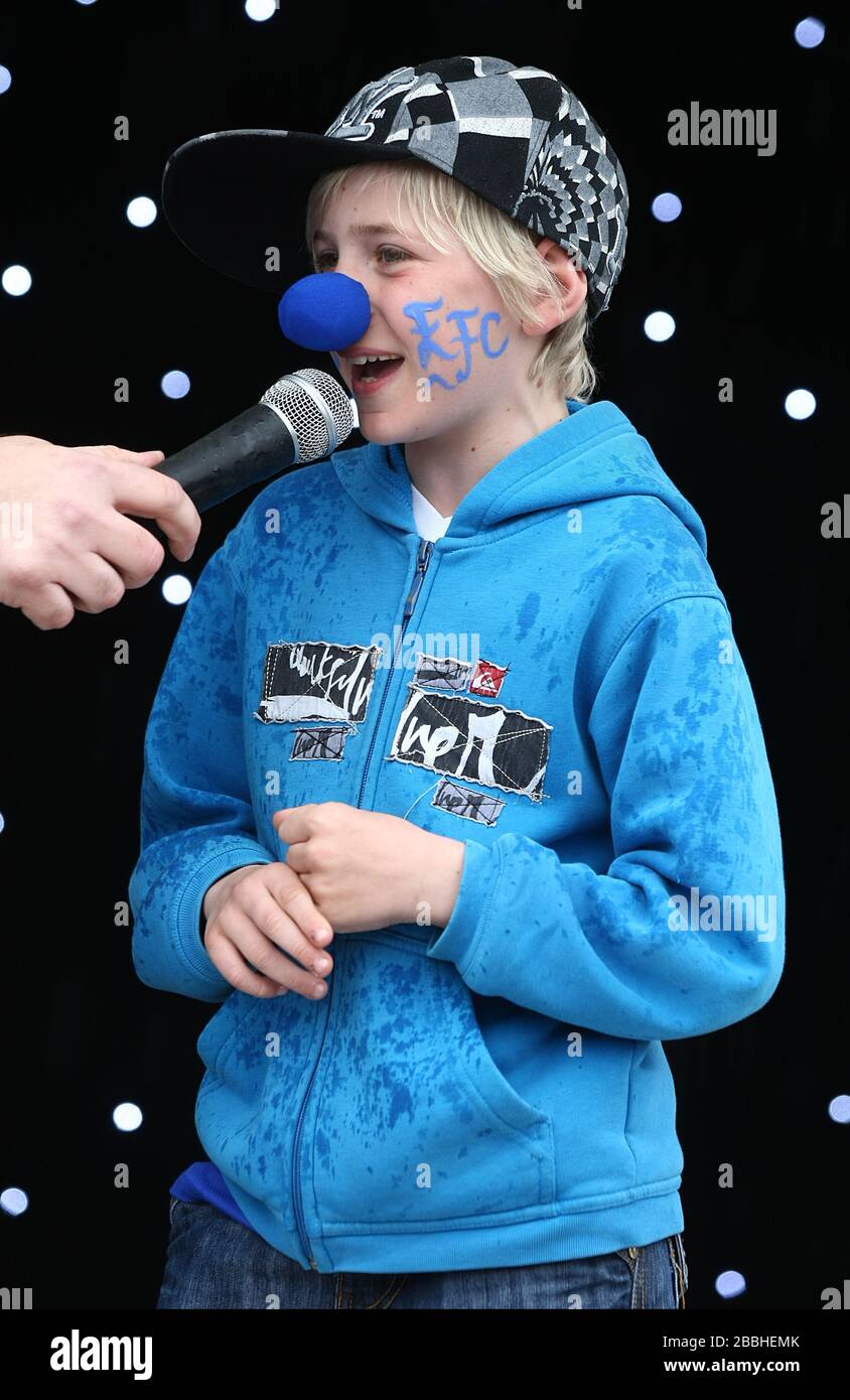 A young Everton fan wearing a blue nose outside Goodison Park before ...