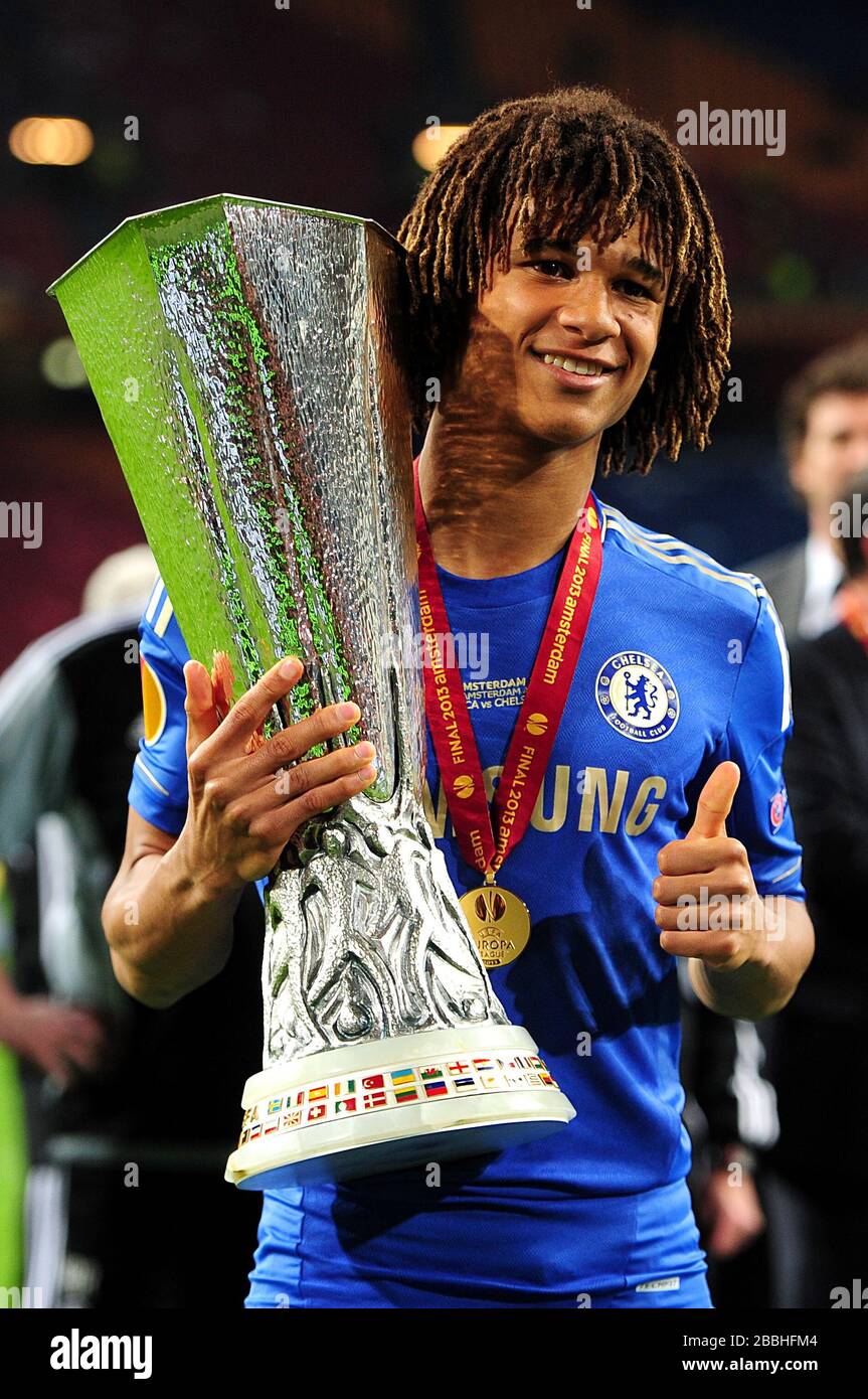 Chelsea's Nathan Ake celebrates with the UEFA Europa League trophy ...