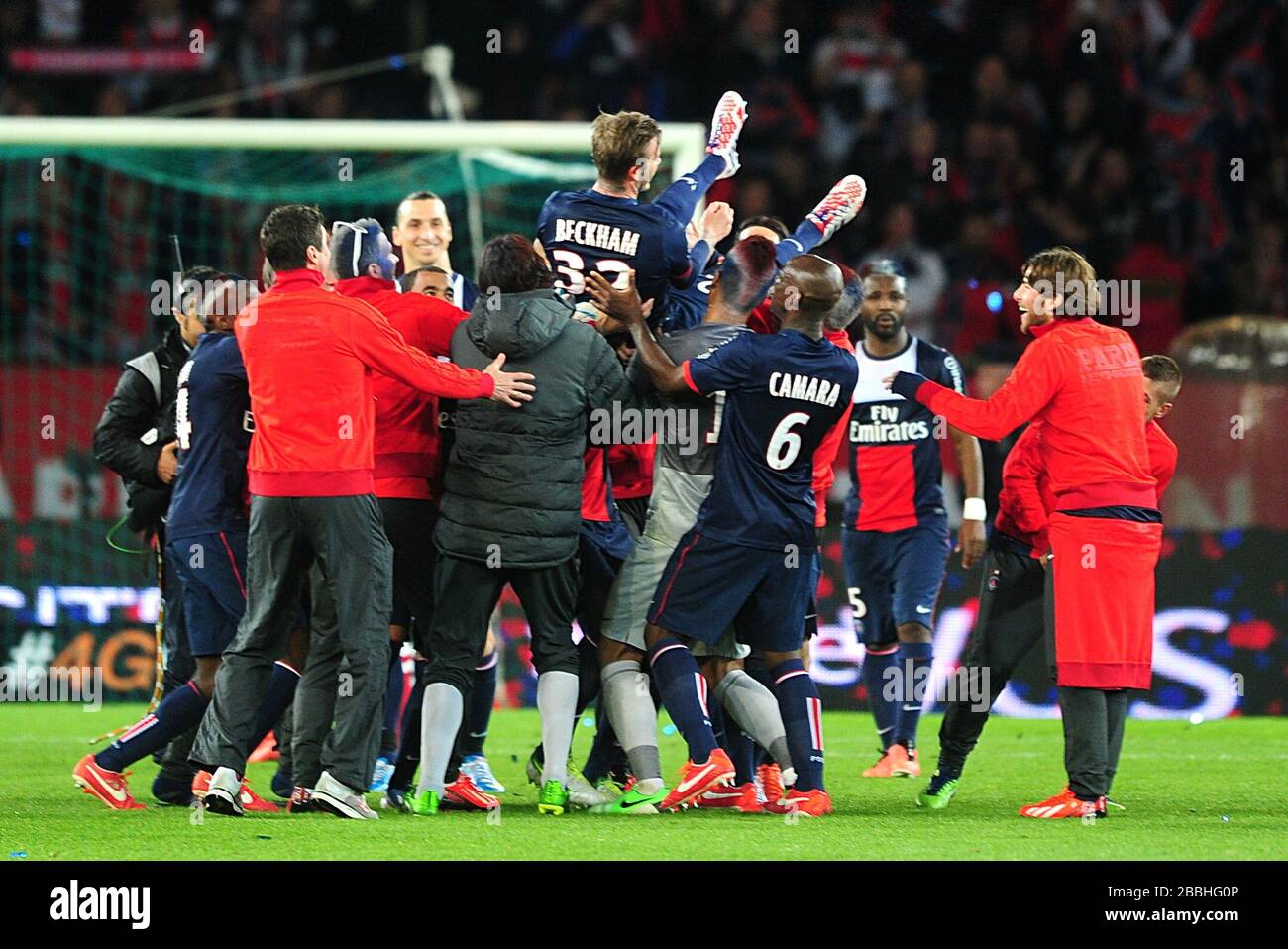 Paris Saint-Germain throw David Beckham up into the air after the final ...
