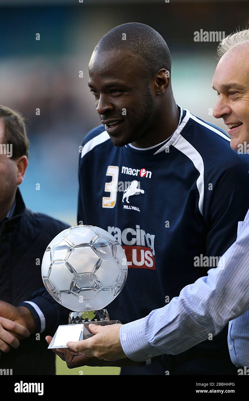 Millwall's Danny Shittu is presented with his Player of the Season ...