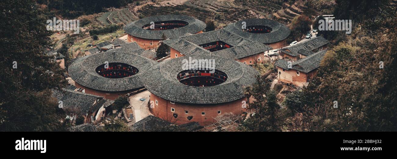 Aerial panorama view of Tulou, the unique dwellings of Hakka in Fujian ...