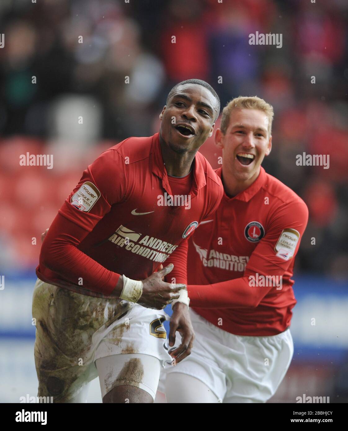 Charlton Athletic's Jonathan Obika (left) celebrates scoring his teams ...