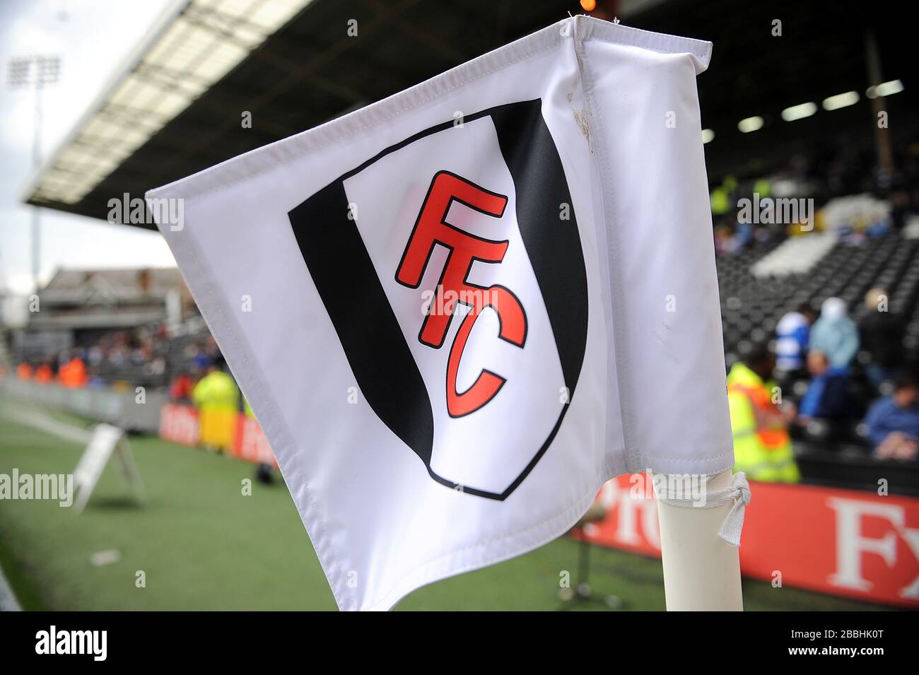 Detail of a Fulham Football Club crest on the corner flags at Craven ...