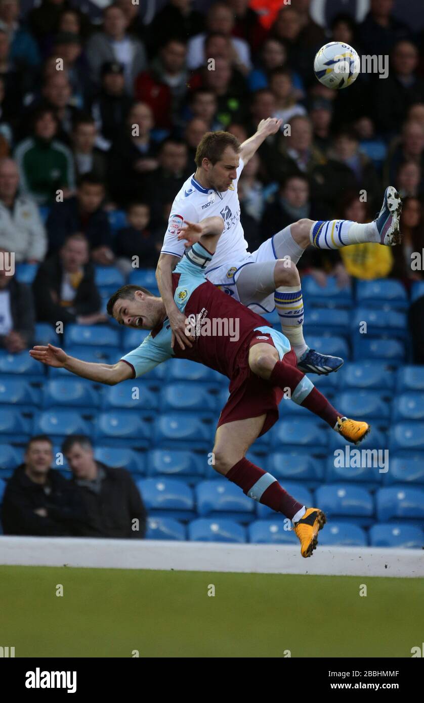 Leeds United's Luke Varney (top) and Burnley's Jason Shackell during ...