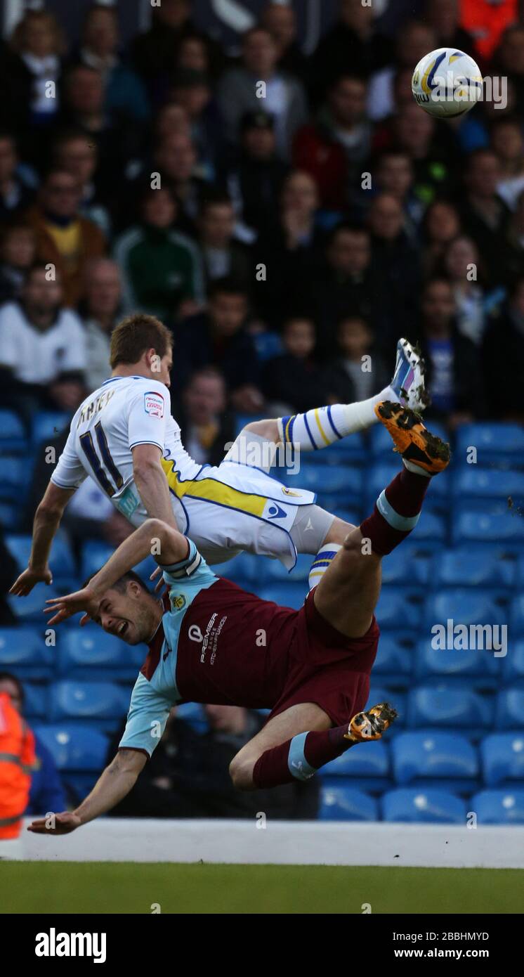 Leeds United's Luke Varney (top) and Burnley's Jason Shackell Stock ...