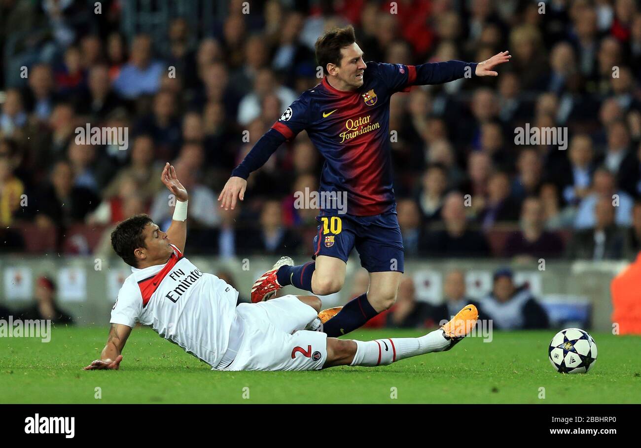 Barcelona's Lionel Messi and Paris Saint Germain's Thiago Silva Stock ...