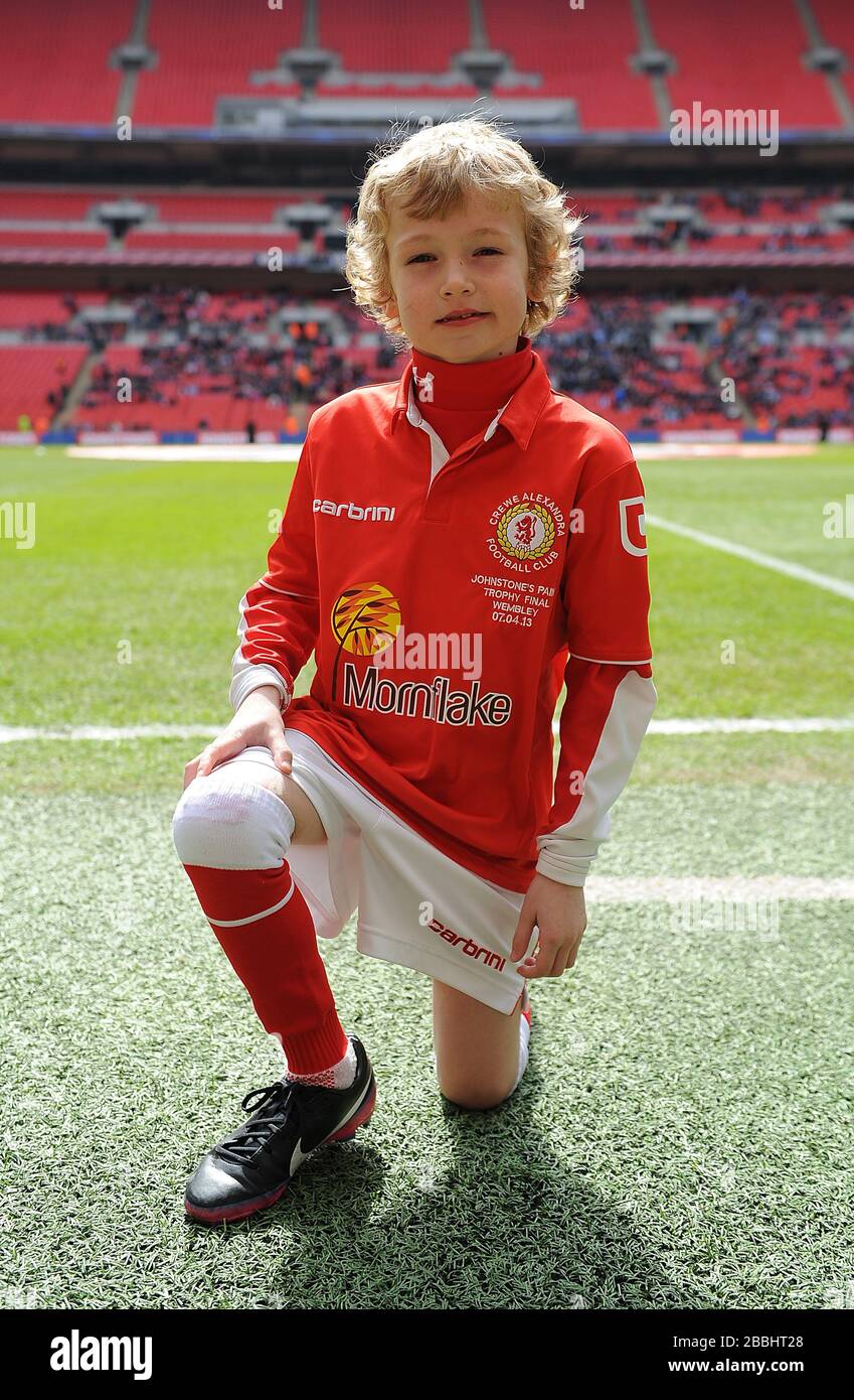 A Crewe Alexandra mascot poses for a photograph on the pitch before ...
