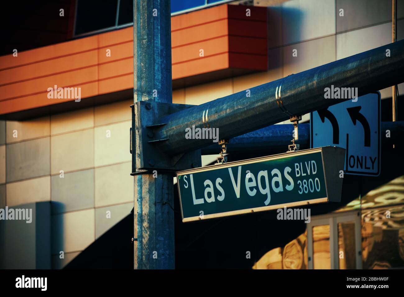 Las Vegas road sign with modern casino hotel and resort architecture in ...