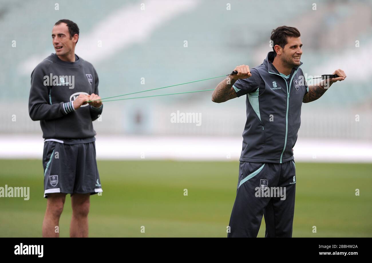 Surrey's Jade Dernbach (right) and Tim Linley during practice Stock ...