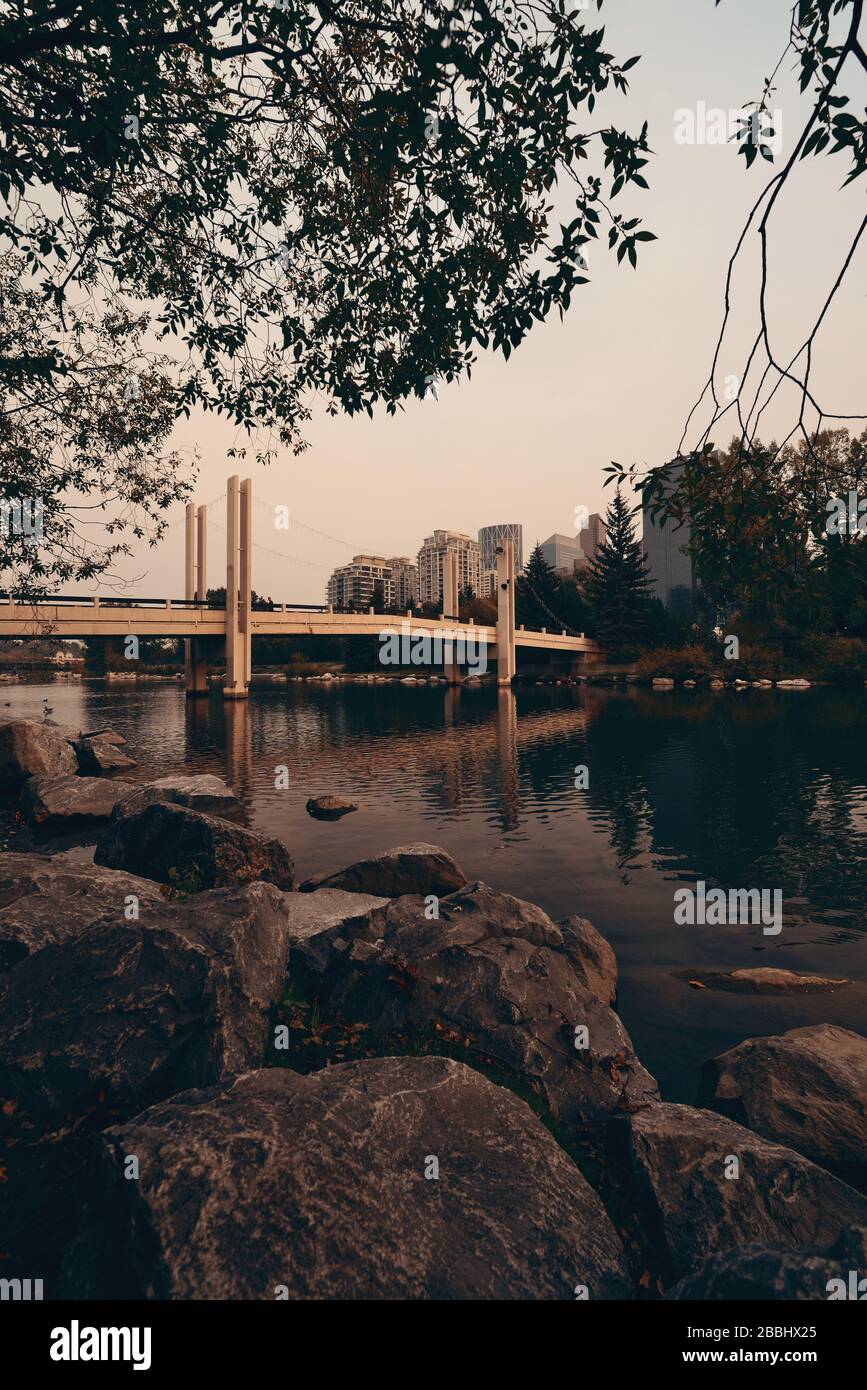 Calgary cityscape from Prince's Island in Alberta, Canada Stock Photo ...