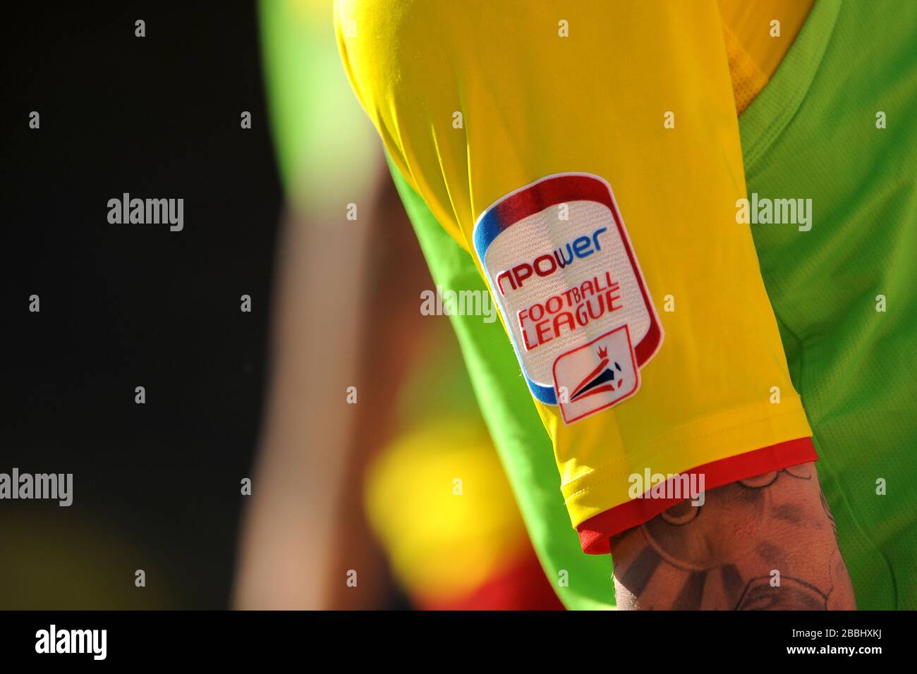An npower Football League arm patch is seen on the arm of a Watford ...