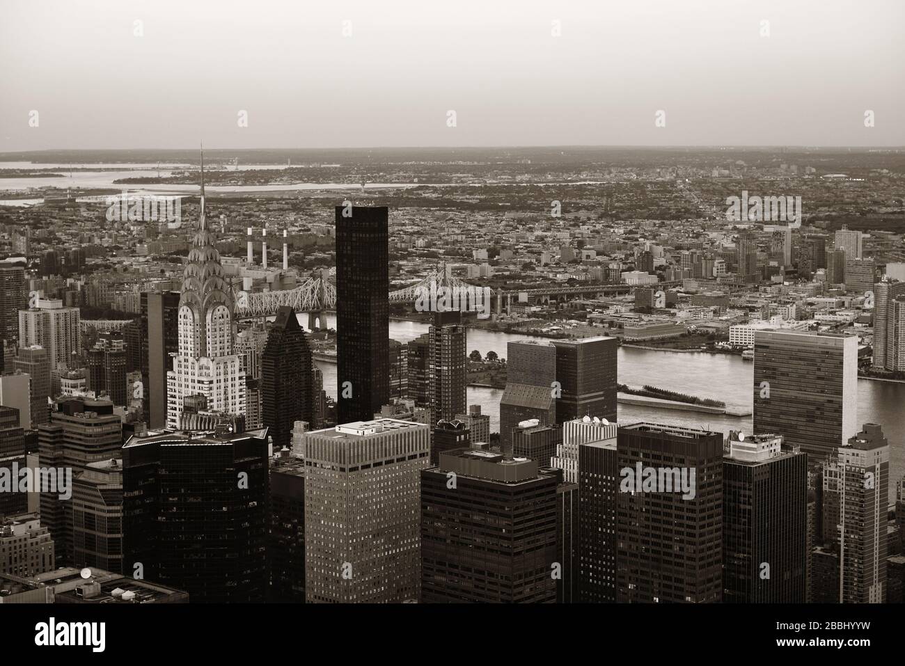 New York City Manhattan east side view black and white with skyscrapers ...