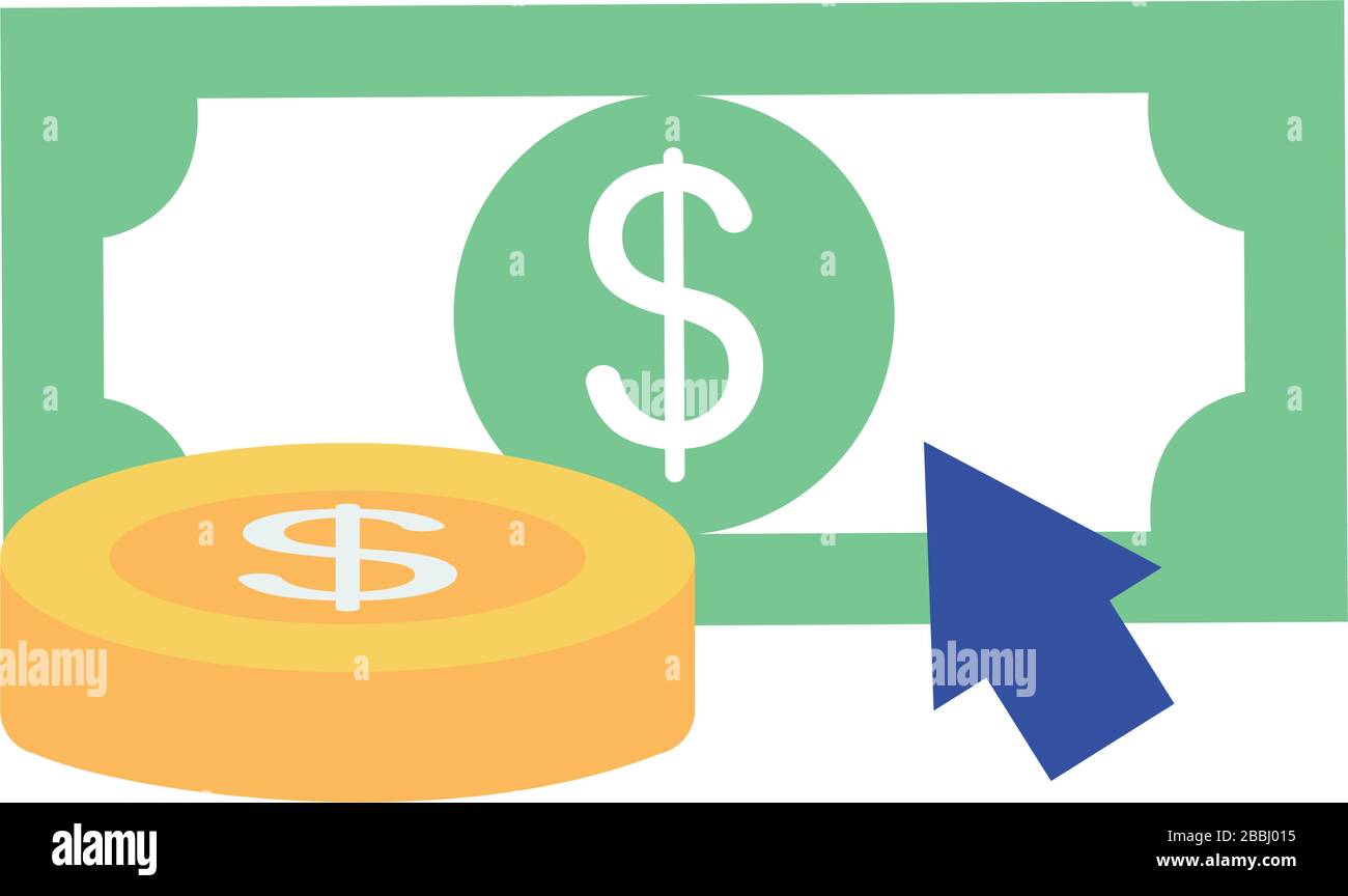 money coin and bill with cursor icon over white background, flat style ...