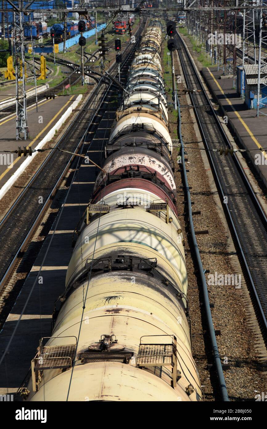 Oil tank train in the railway station of Taichet, siberian Russia Stock ...