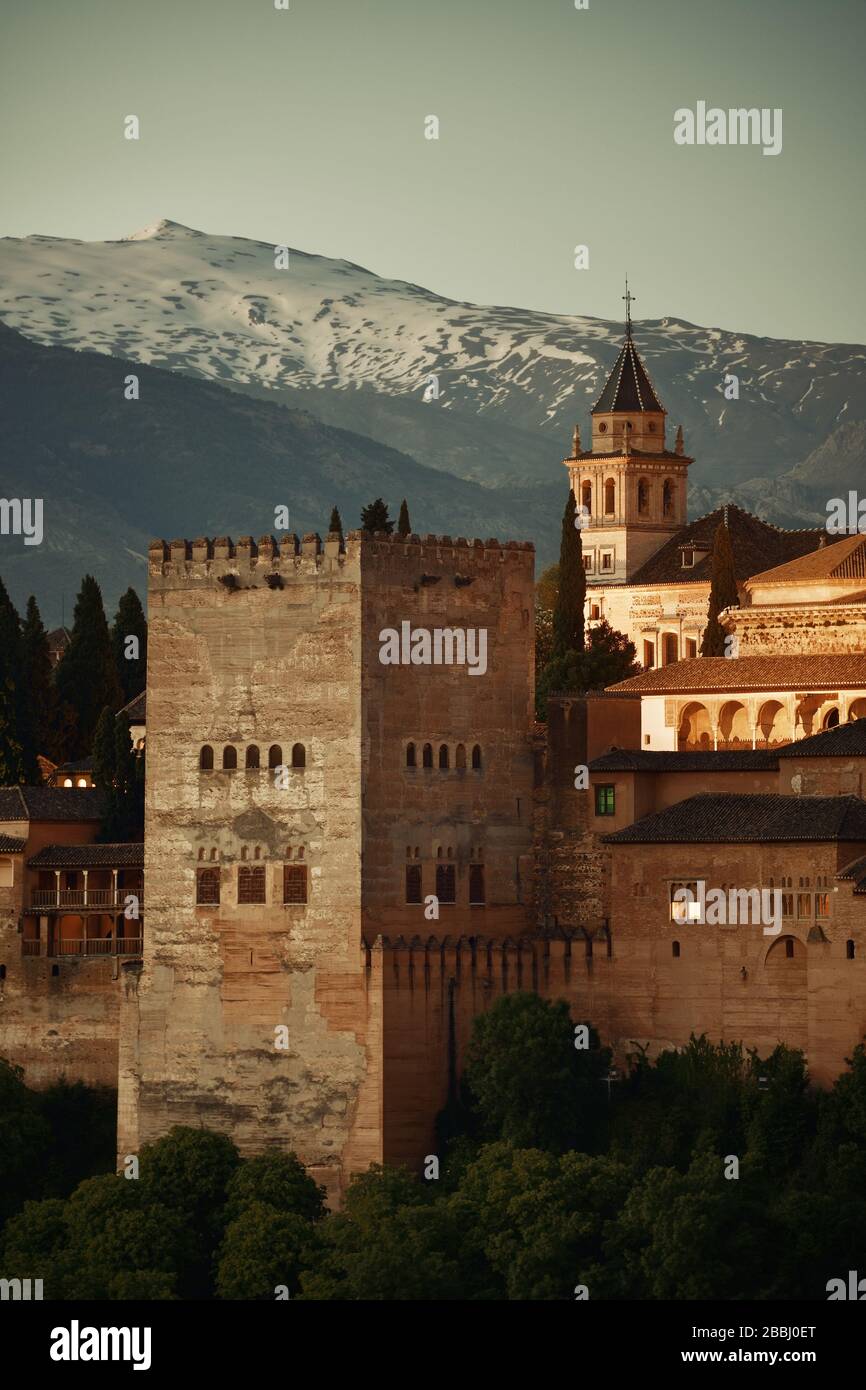 Granada Alhambra panoramic view at night over mountain in Spain Stock ...