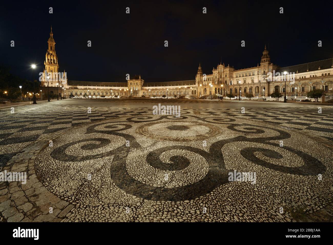 Plaza de Espana or Spain Square ground pattern closeup view at night in ...