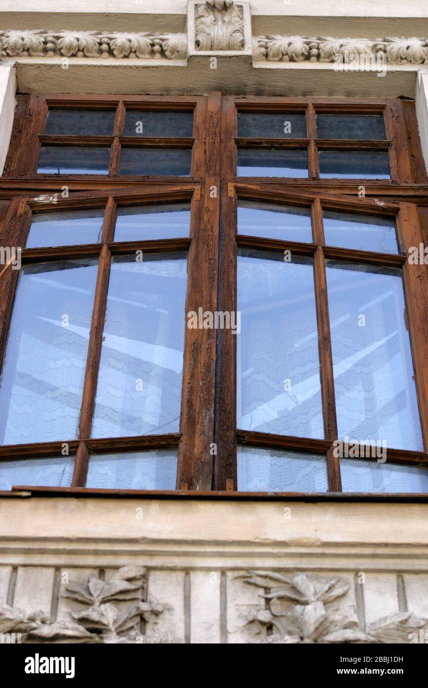 Windows on old century house in Bucharest, Romania Stock Photo - Alamy
