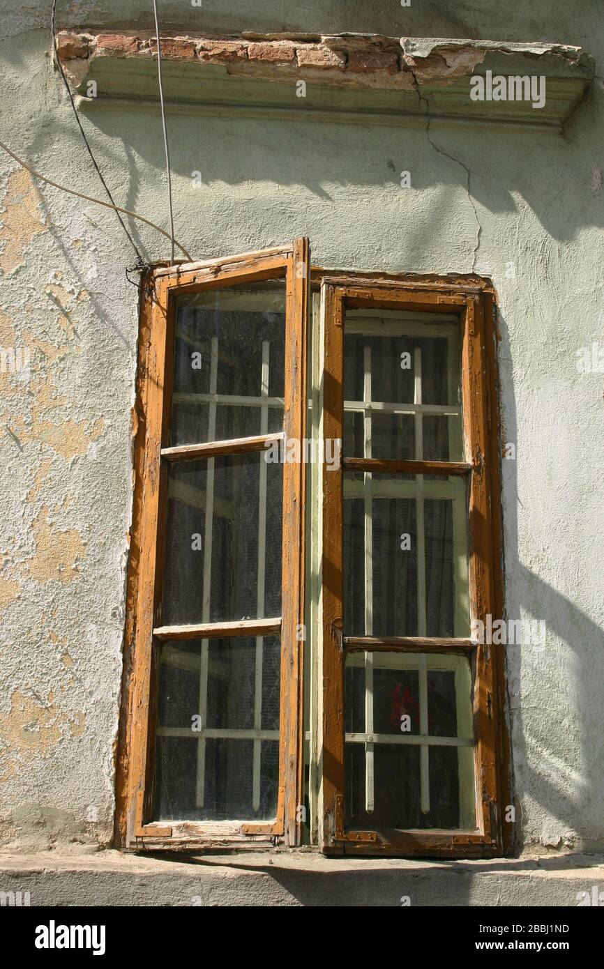 Windows of 19th century derelict building in Bucharest, Romania Stock ...
