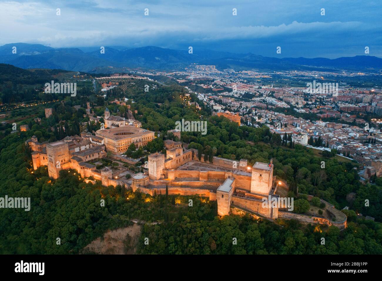 Alhambra aerial view at night with historical buildings in Granada ...