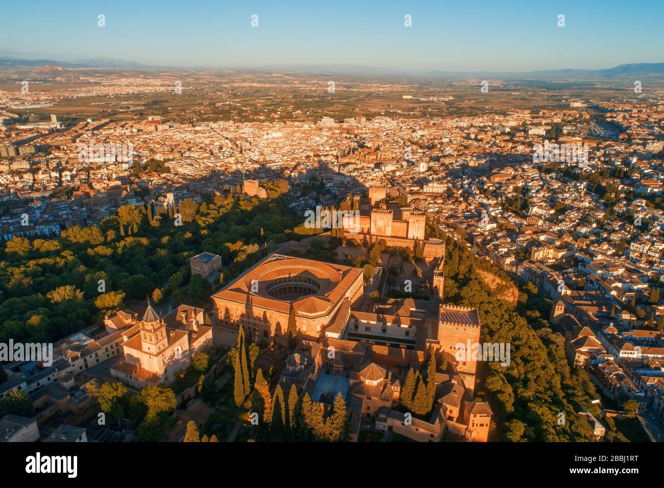 Alhambra aerial view at sunrise with historical buildings in Granada ...