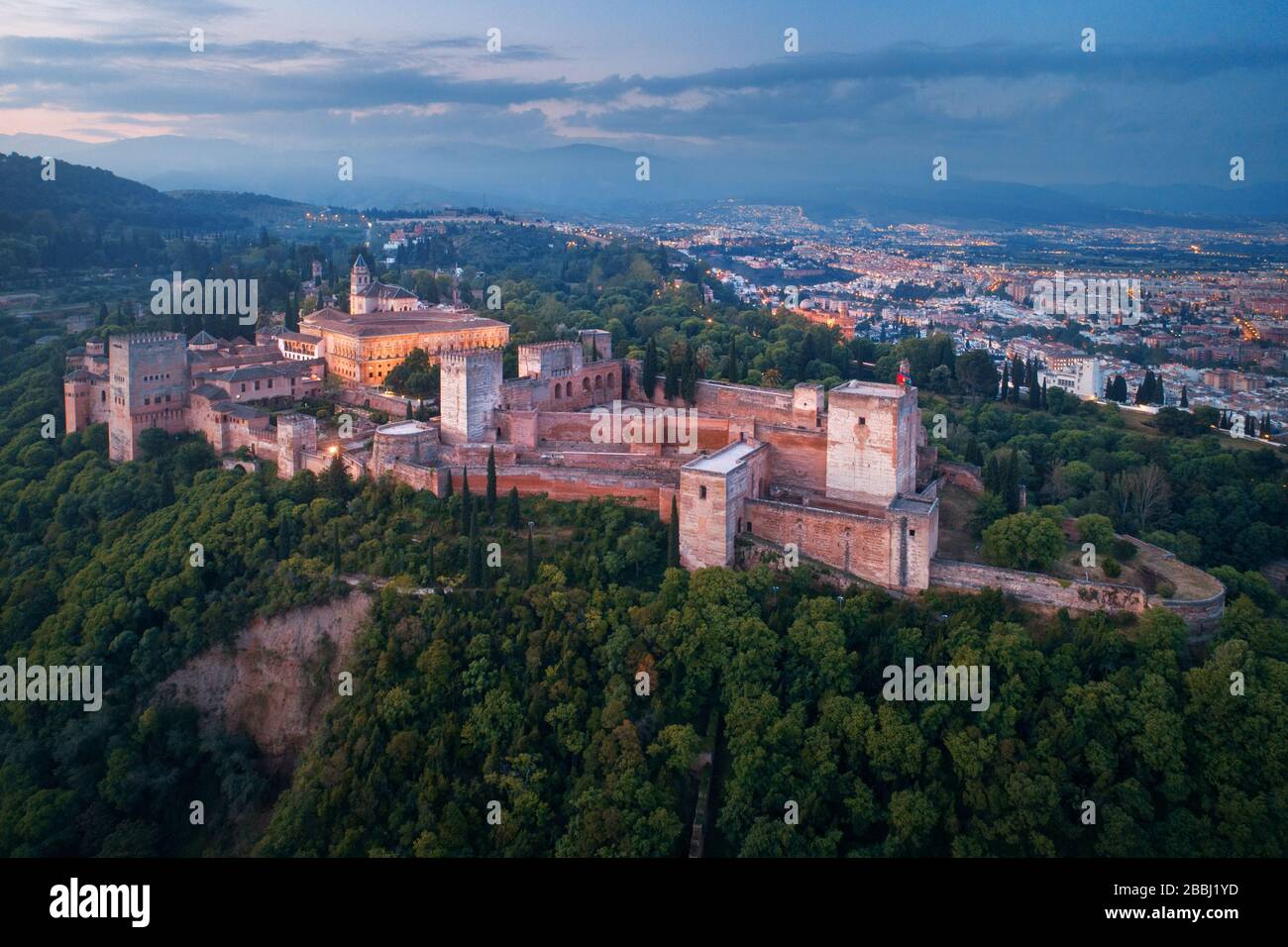 Alhambra aerial view at night with historical buildings in Granada ...